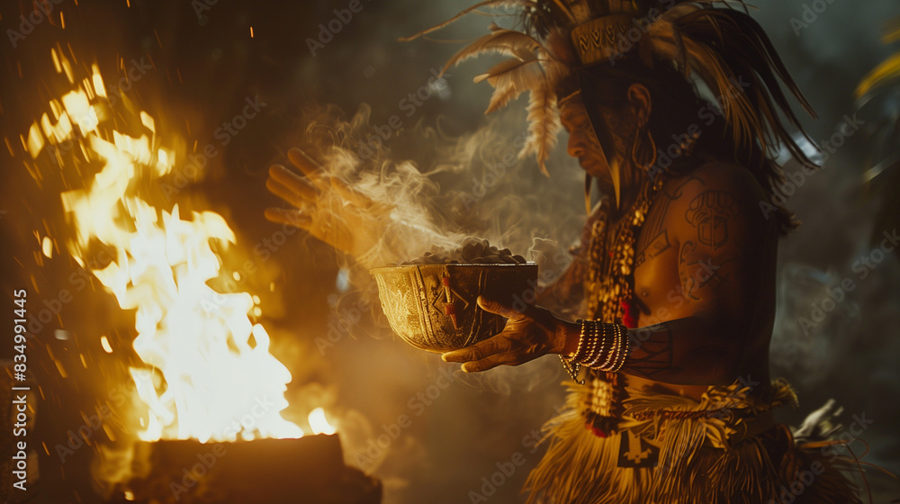Old American indigenous shaman with feathers on their head performing a ...