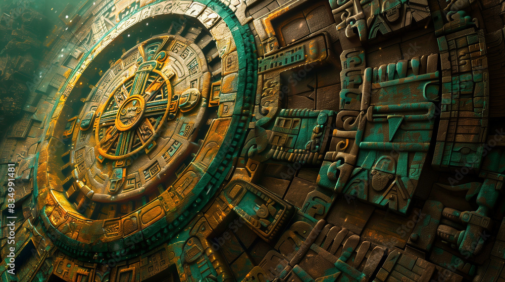 Mayan, Aztec, or Inca petroglyphs on an old circular solar calendar ...