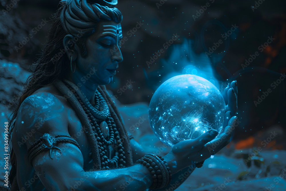 Digital artwork of Lord Vishnu against a cosmic backdrop, holding a ...
