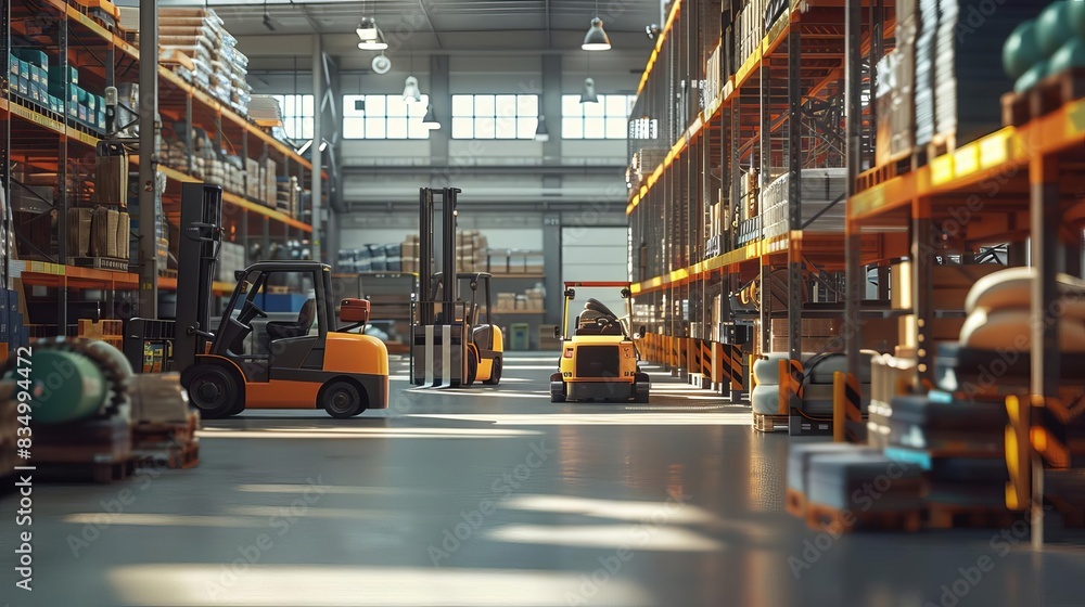 busy warehouse interior with forklifts pallet racks tiedup distribution ...
