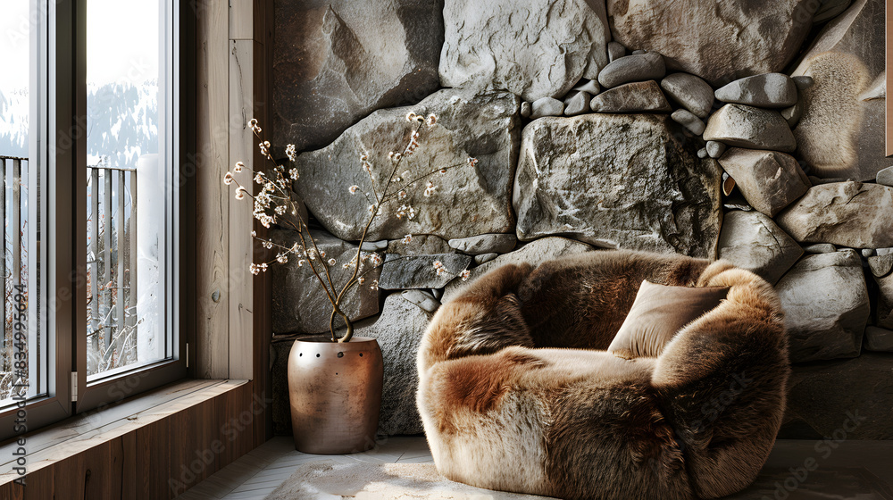 Fur accent barrel chair against window and wild stone cladding wall ...