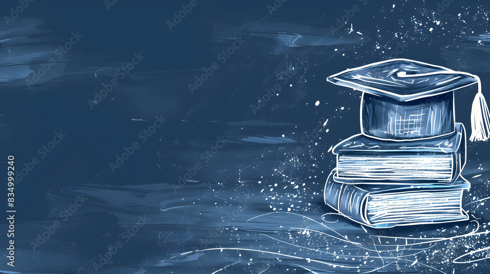Hand drawn illustration of a graduation cap and books on a chalkboard ...