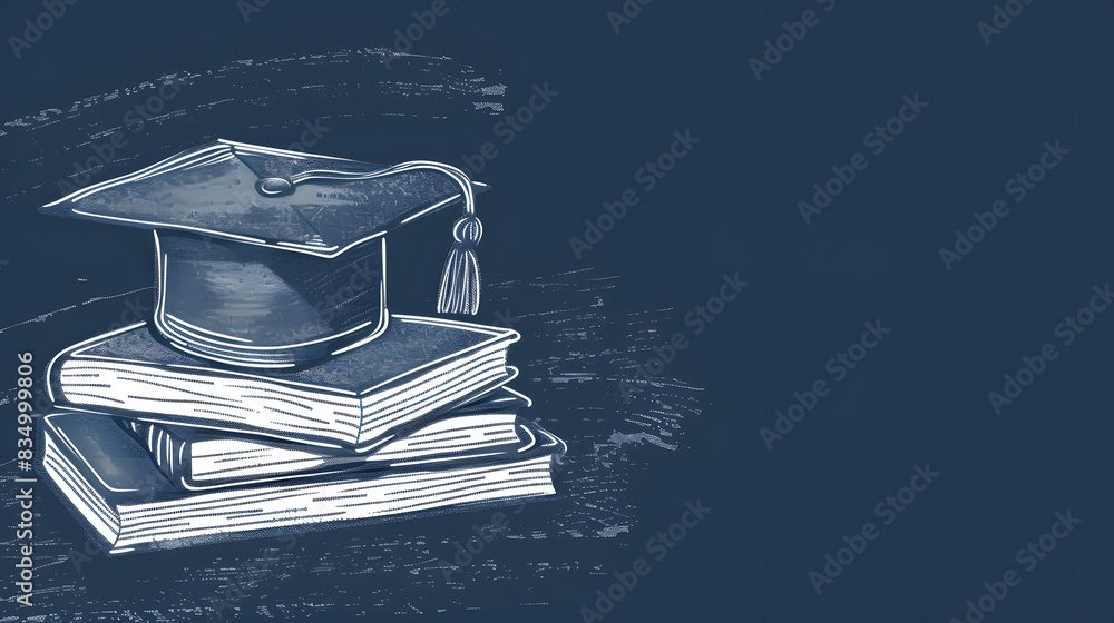 Hand drawn illustration of a graduation cap and books on a chalkboard ...