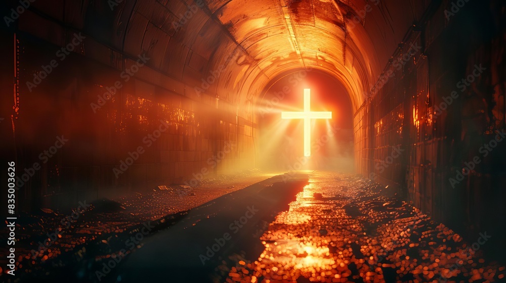 glowing christian cross with divine light shining through tunnel ...