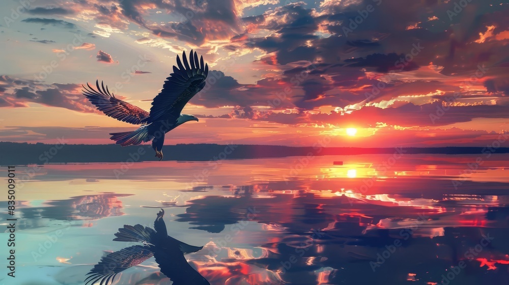 majestic eagle flying over reflective lake at sunset freedom nature ...