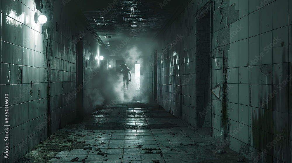 An abandoned, eerie corridor with flickering lights, cracked tiles, and ...