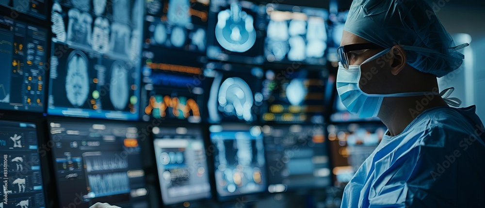 A surgeon monitoring vital signs during a critical operation close up ...