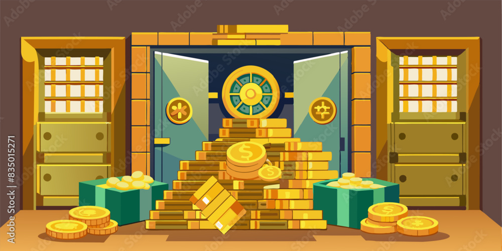 Bank vault with open door. Store Gold bar, inside in Gold vault money ...