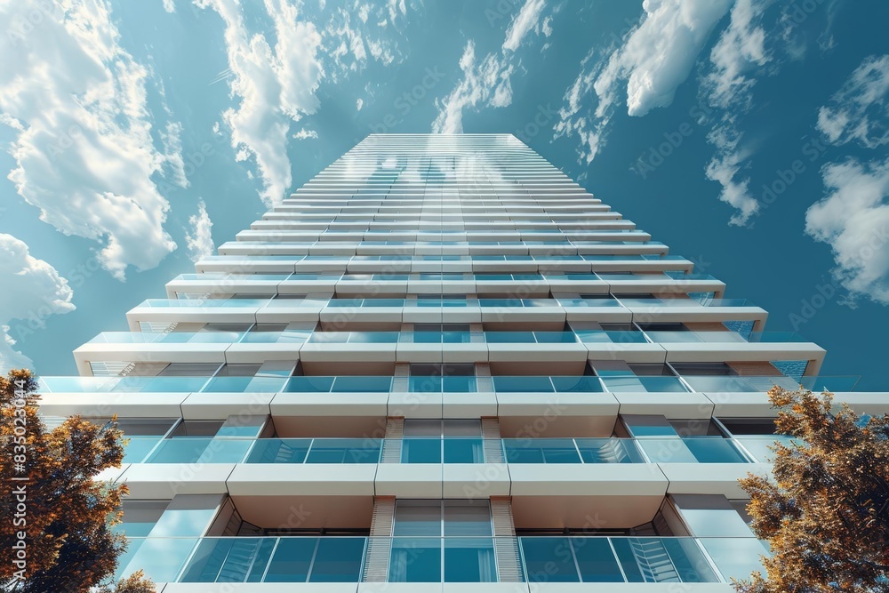 Modern high-rise building under a clear blue sky with white clouds ...