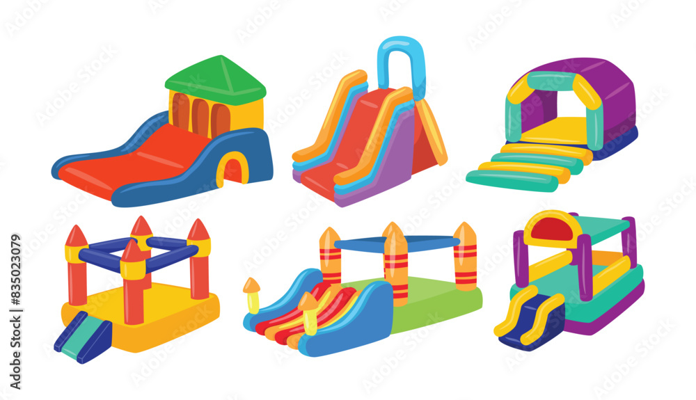 Set of colorful inflatable castle set collection, Cartoon drawings of ...