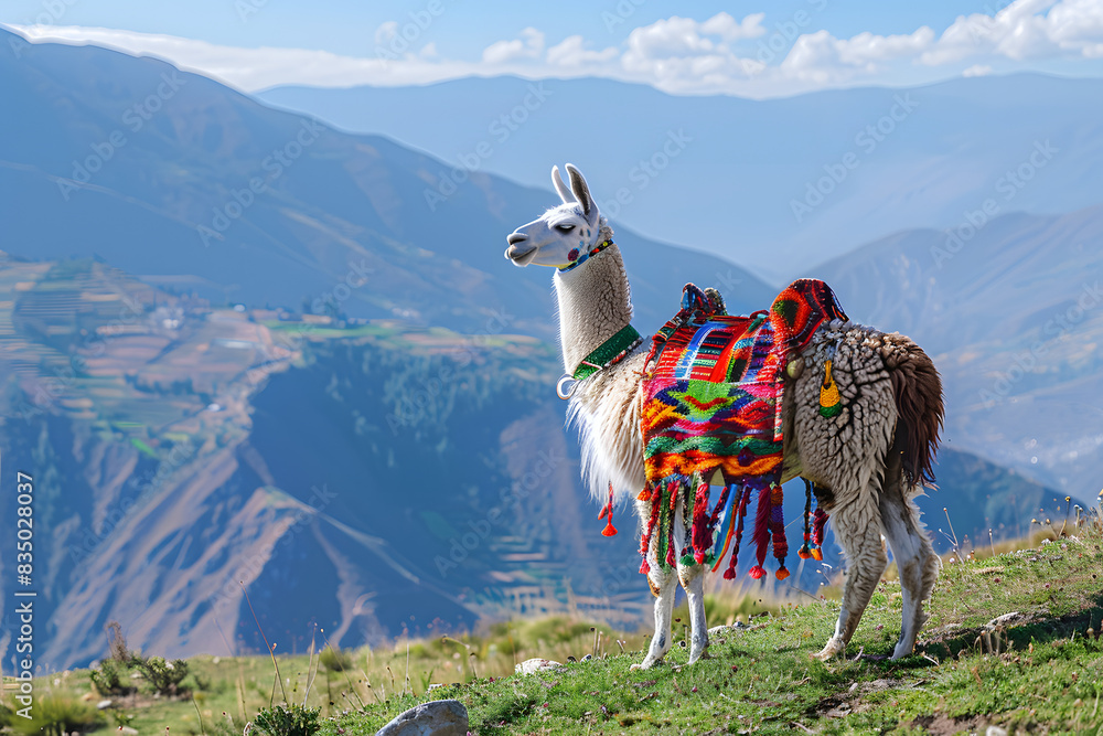Llama adorned in vibrant traditional textiles standing majestically ...
