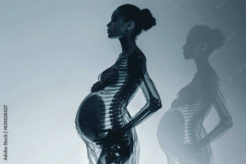 Pregnant woman's body x-rayed. Pregnant female silhouette. Medicine ...