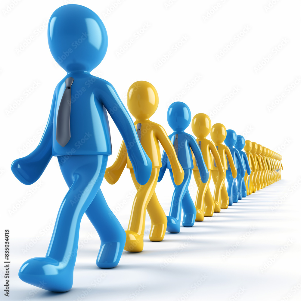 3D human figure leading the way, line of people following with one in ...