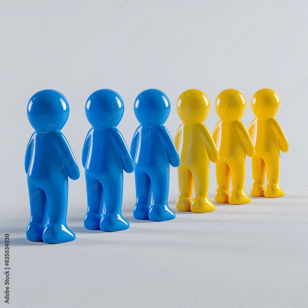 3D human figure leading the way, line of people following with one in ...