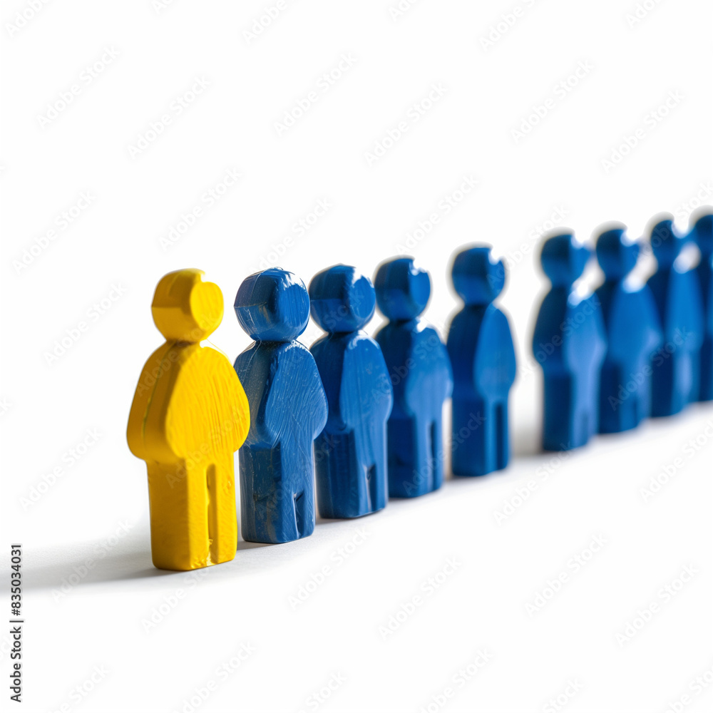 3D human figure leading the way, line of people following with one in ...