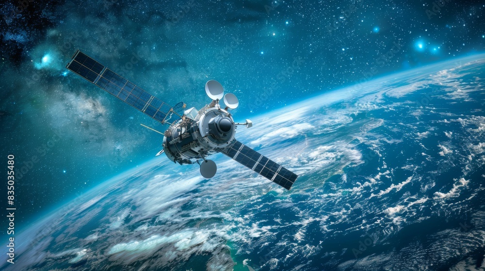 A high-tech satellite orbiting Earth in space, sleek metallic design ...