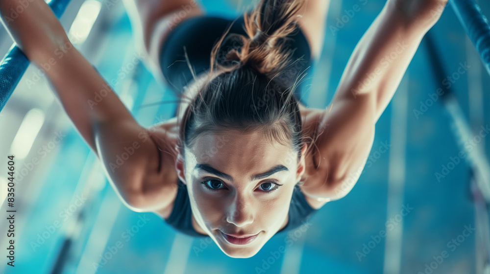 Dynamic Capture of a Gymnast's Gravity-Defying Routine on Uneven Bars ภาพถ่ายสต็อก | Adobe Stock