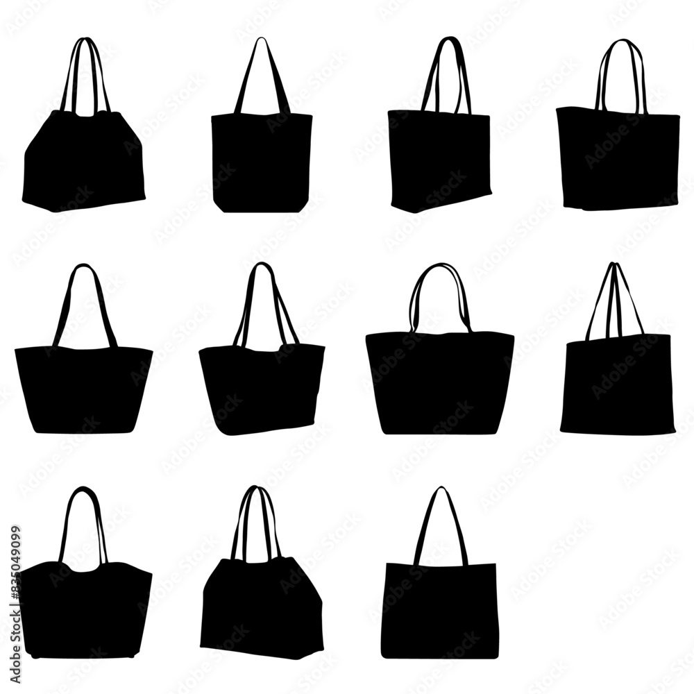 set of Flat Black Tote Bag Vector, Silhouette bag ladies, Hand Drawn ...