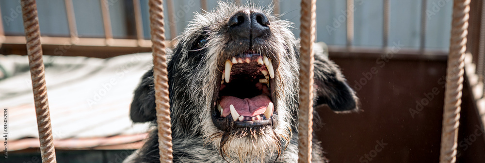 Angry homeless dog in an animal shelter. Portrait of an angry dog in a ...