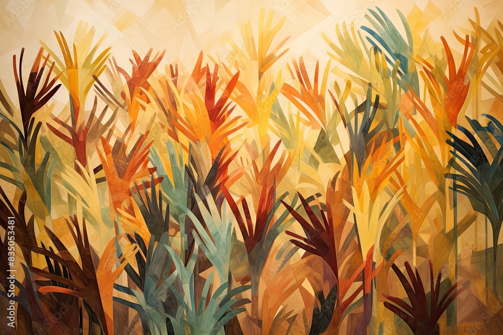 a painting of a field of grass with a sun in the background, An ...