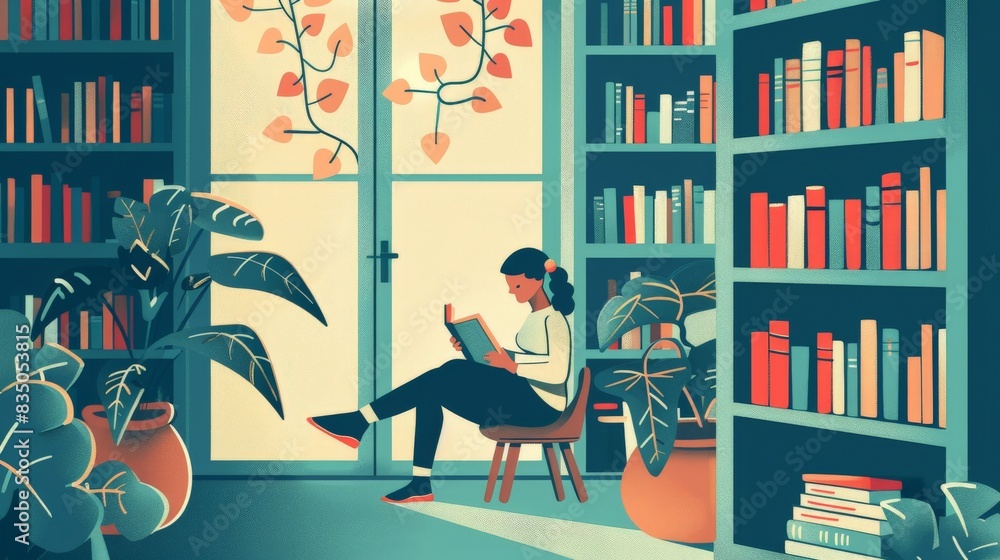 An illustration in 2D flat style showing a character enjoying a book in ...