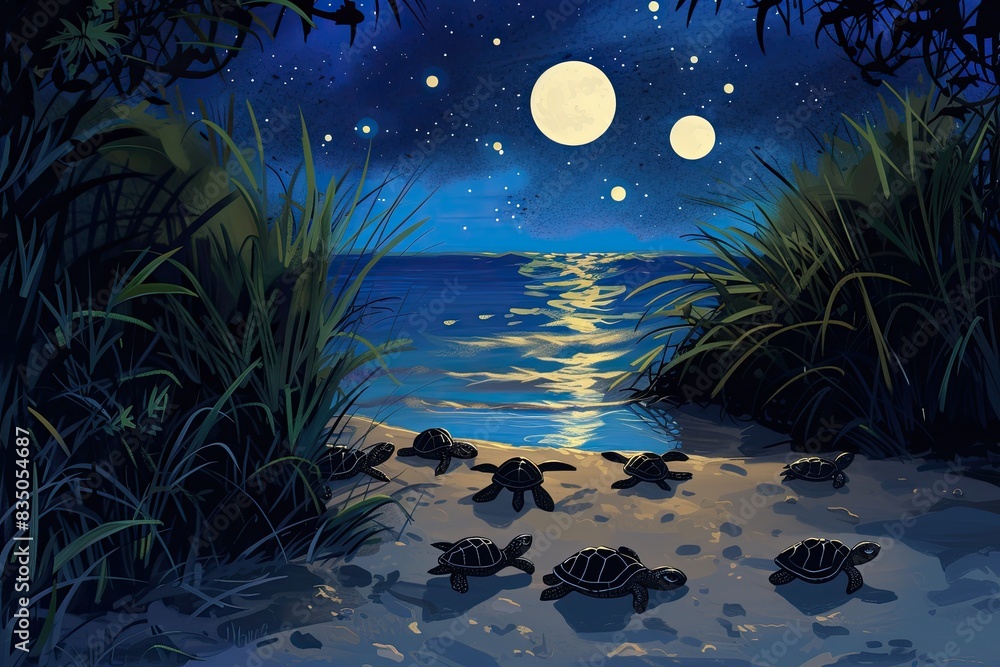 a group of baby turtles walking along the beach, A night scene showing ...