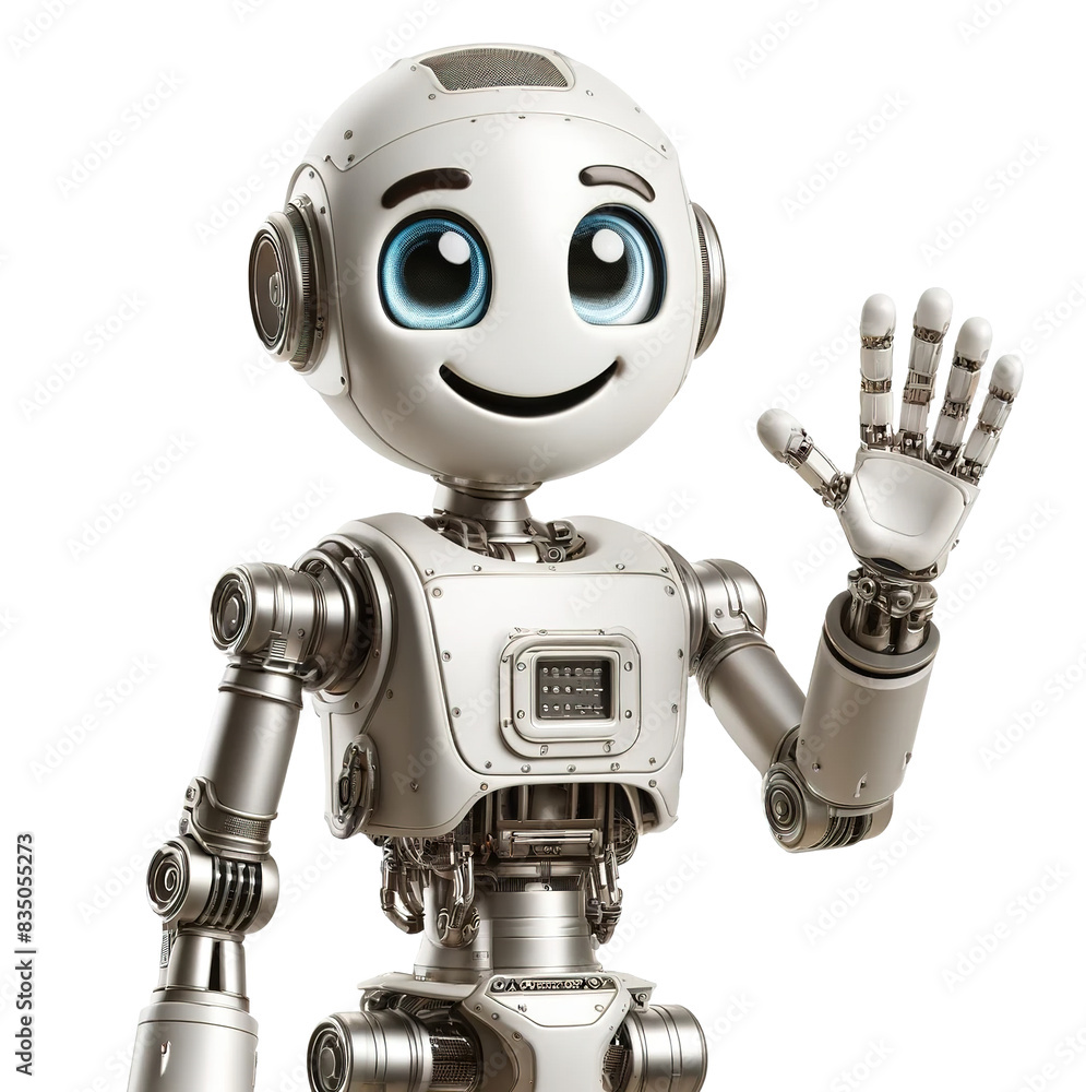 A robot on a transparent background 4 with a friendly smile waves its ...