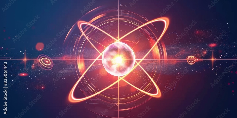 Digital Illustration Of An Atom With Glowing Particles And Orbits On A Dark Background