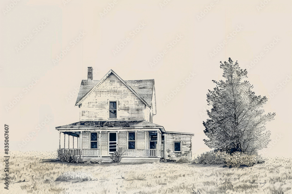 Hand Drawn Farmhouse. Generated image. A digital illustration of a hand ...