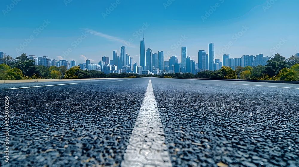 Highway with city skyline in the background, wide angle, low camera ...