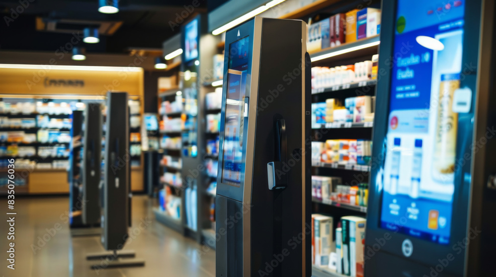 Digital kiosk in a pharmacy aisle. The kiosk is a tall, black ...