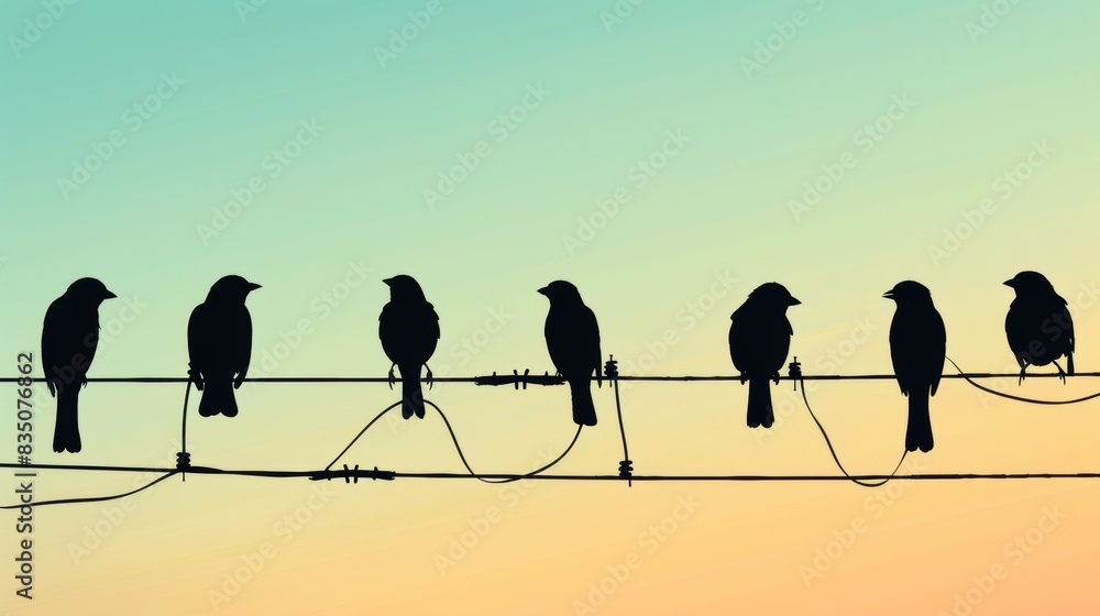 Sparrow and bullfinch birds flock on power line wires, vector ...