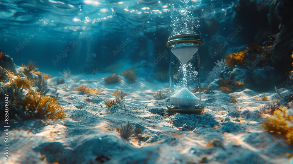 Floating hourglass at the bottom of the ocean. Underwater landscape ...