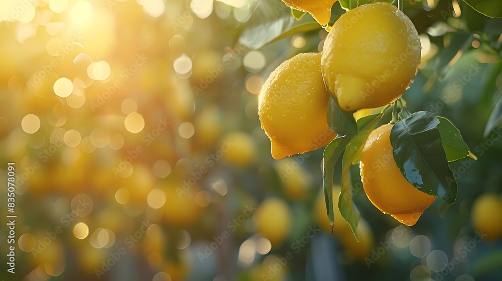 The background shows the sun shining on lemons hanging from lemon trees ...