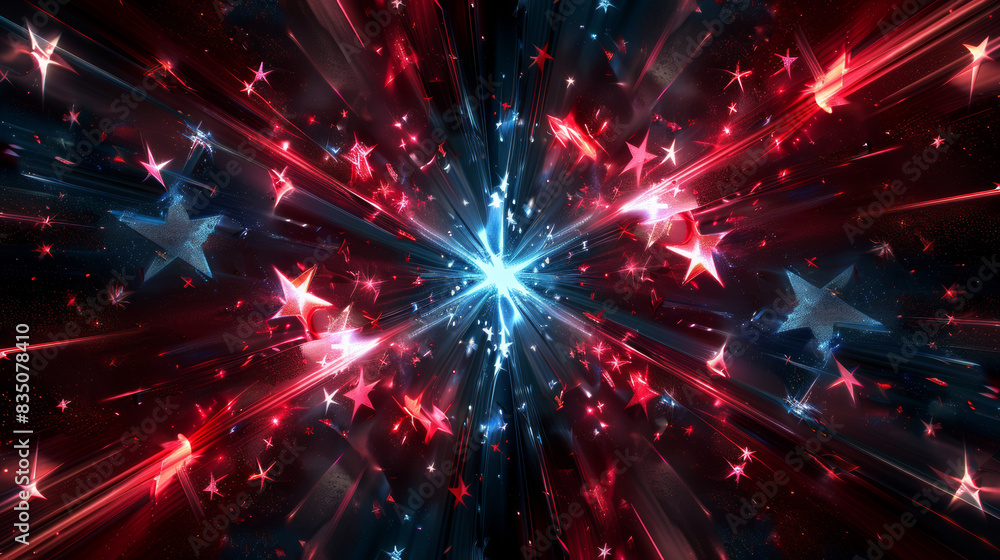 Vibrant digital explosion of red and blue glowing stars. Dynamic ...