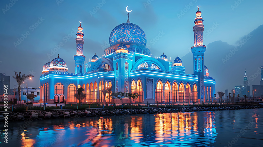 mosque beautifully lit up with the star and crescent symbol during ...