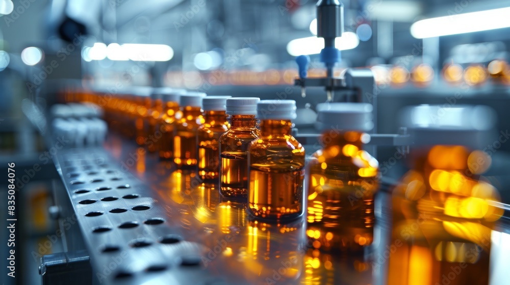 Bottles of liquid medicine on a production line in a pharmaceutical ...