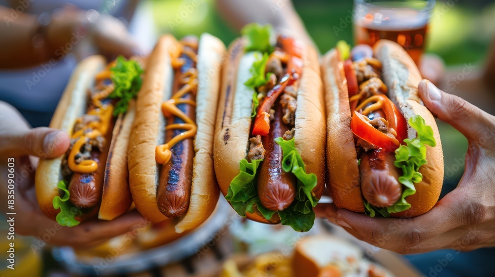 Hamburgers and hot dogs in people's hands (close up, focus on ...