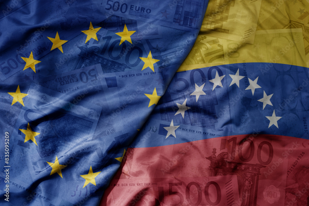 big waving realistic national colorful flag of european union and ...