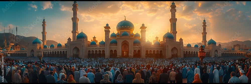 panoramic view of mosque courtyard filled worshippers in prayer during ...