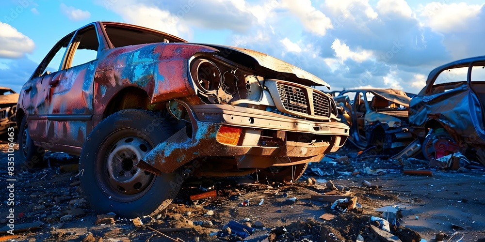 Scrapyard with crushed broken cars and faulty vehicles awaiting ...