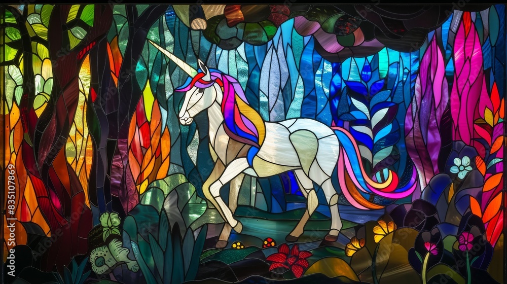 Stained glass window depicting colorful unicorn in enchanted forest ...