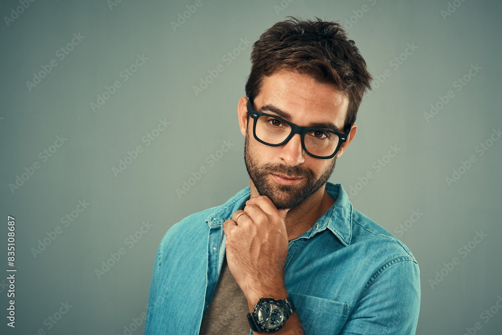 Portrait, thinking and man with ideas, glasses and problem solving on ...