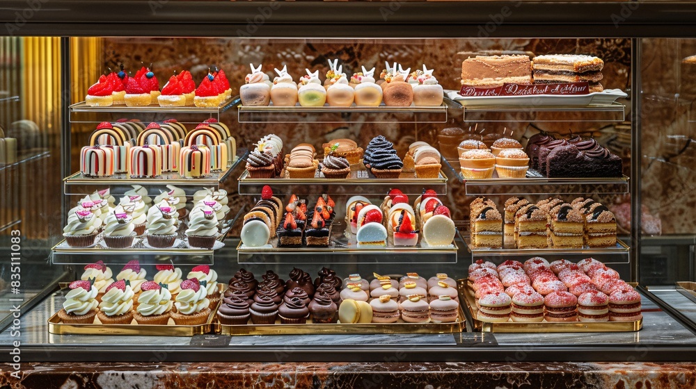 An image of a high-end pastry shop display case, filled with an array ...
