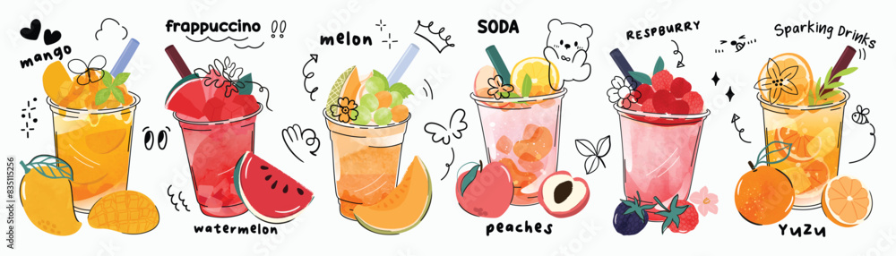 Fresh smoothies and sparkling drinks design with cute doodle decoration ...