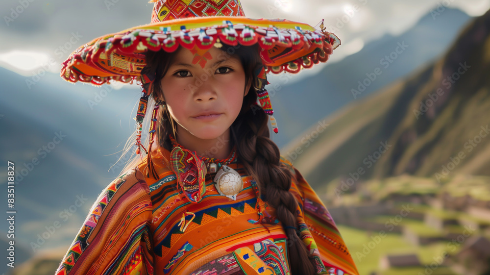 portrait of a young girl dressed in traditional Peruvian attire ...