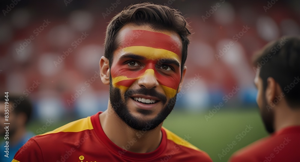 Happy SPAIN man supporter with face painted in SPAIN flag , SPAIN fan ...
