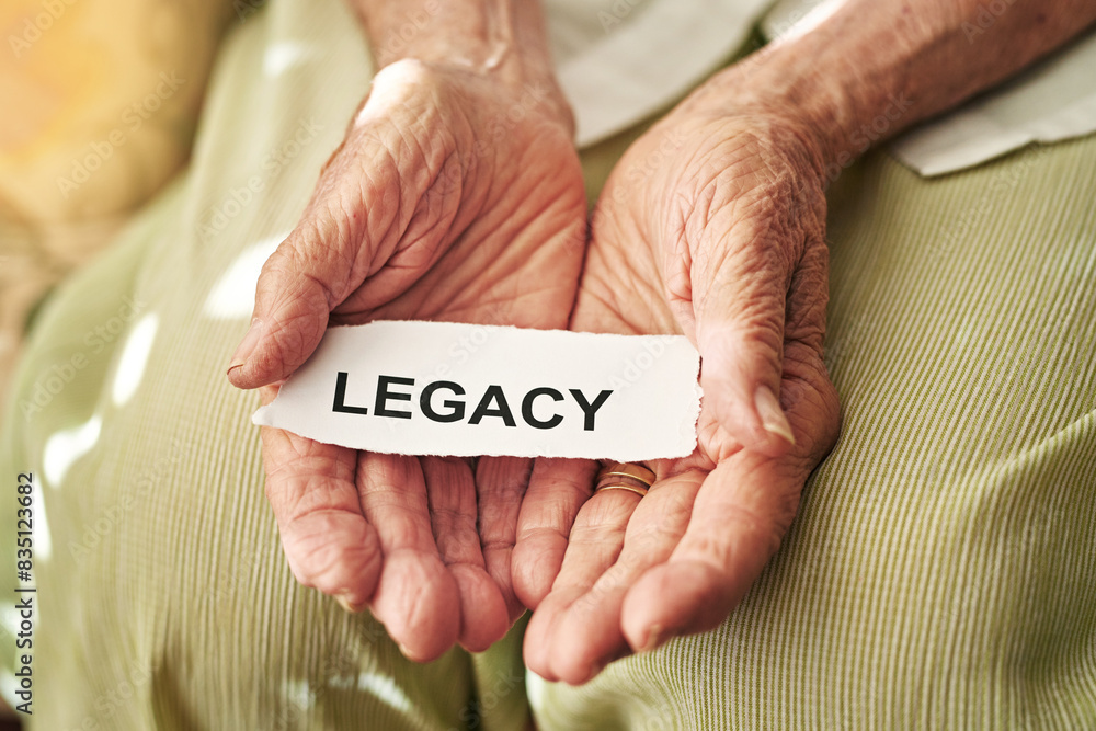 Elderly woman, hand and paper with legacy for ethics, responsibility ...