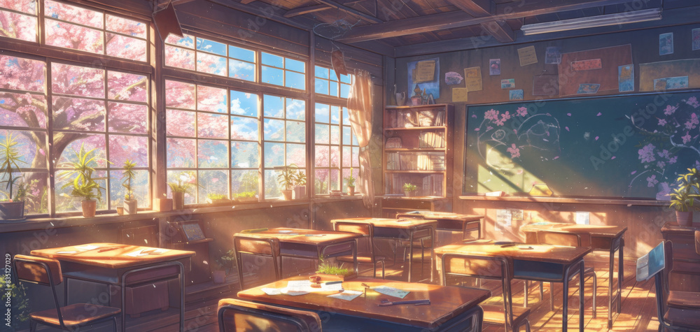 A bright, sunny classroom with wooden desks, large windows, and cherry ...