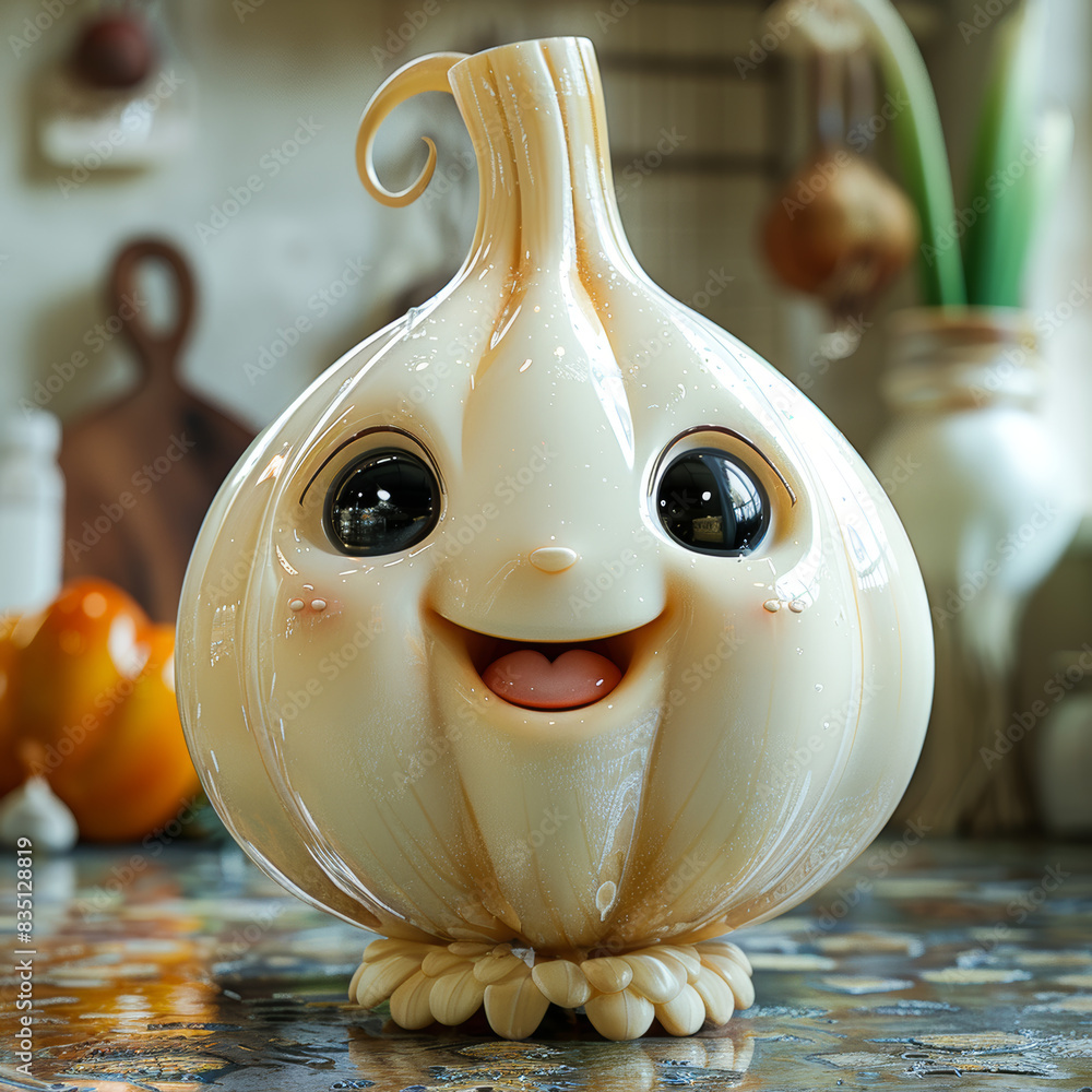 Kawaii Garlic. Generated image. A digital illustration of a cute happy ...